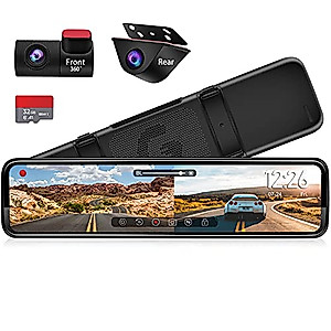 PORMIDO Mirror Dash Cam 12" with Detached Front Camera,Anti Glare Full Touch Split Screen HD 1296P,Car Backup Rear View Mirror Camera Dual Lens with Sony Sensor,Super Night Vision,Parking Assistance