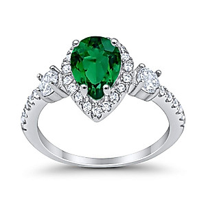 Blue Apple Co. Simulated Green Emerald CZ Size-11 Halo Teardrop Fashion Bridal Ring Pear Round Simulated Cubic Zirconia 925 Sterling Silver