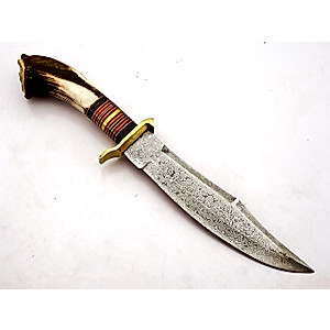 Skokie Knives Custom Hand Made Damascus Steel Hunting Knife Handle Stag Antler With Brass Spacer