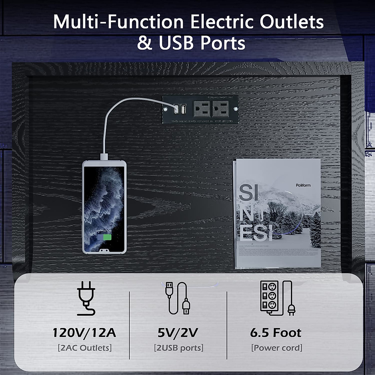 4ever2buy Black Night Stand with LED Light, Bedroom Night Stand Charging Station, LED Nightstand with 2 Drawers, Bedroom Side Table for Bedroom, Living Room