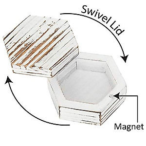 MyGift 3 Inch White Washed Solid Wood Wedding Ring Box, Hexagon Shape Trinket Box and Ring Holder, Small Jewelry Gift Box