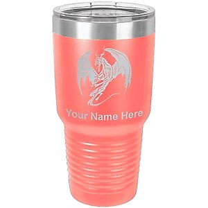 LaserGram 30oz Vacuum Insulated Tumbler Mug, Dragon, Personalized Engraving Included (Coral)