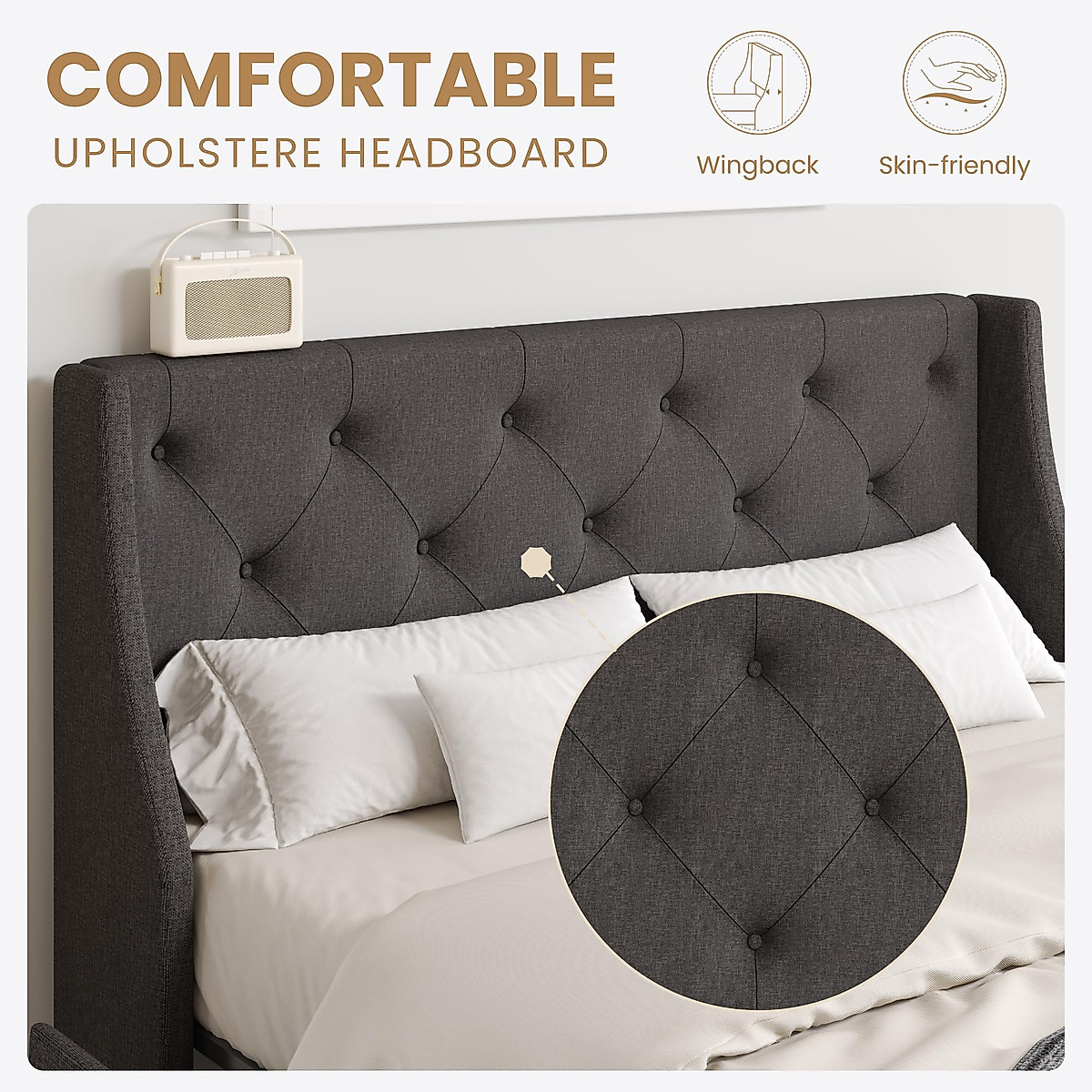 SHA CERLIN Upholstered Full Size Platform Bed Frame with 4 Storage Drawers and Wingback Headboard, Diamond Stitched Button Tufted Design, No Box Spring Needed, Dark Grey