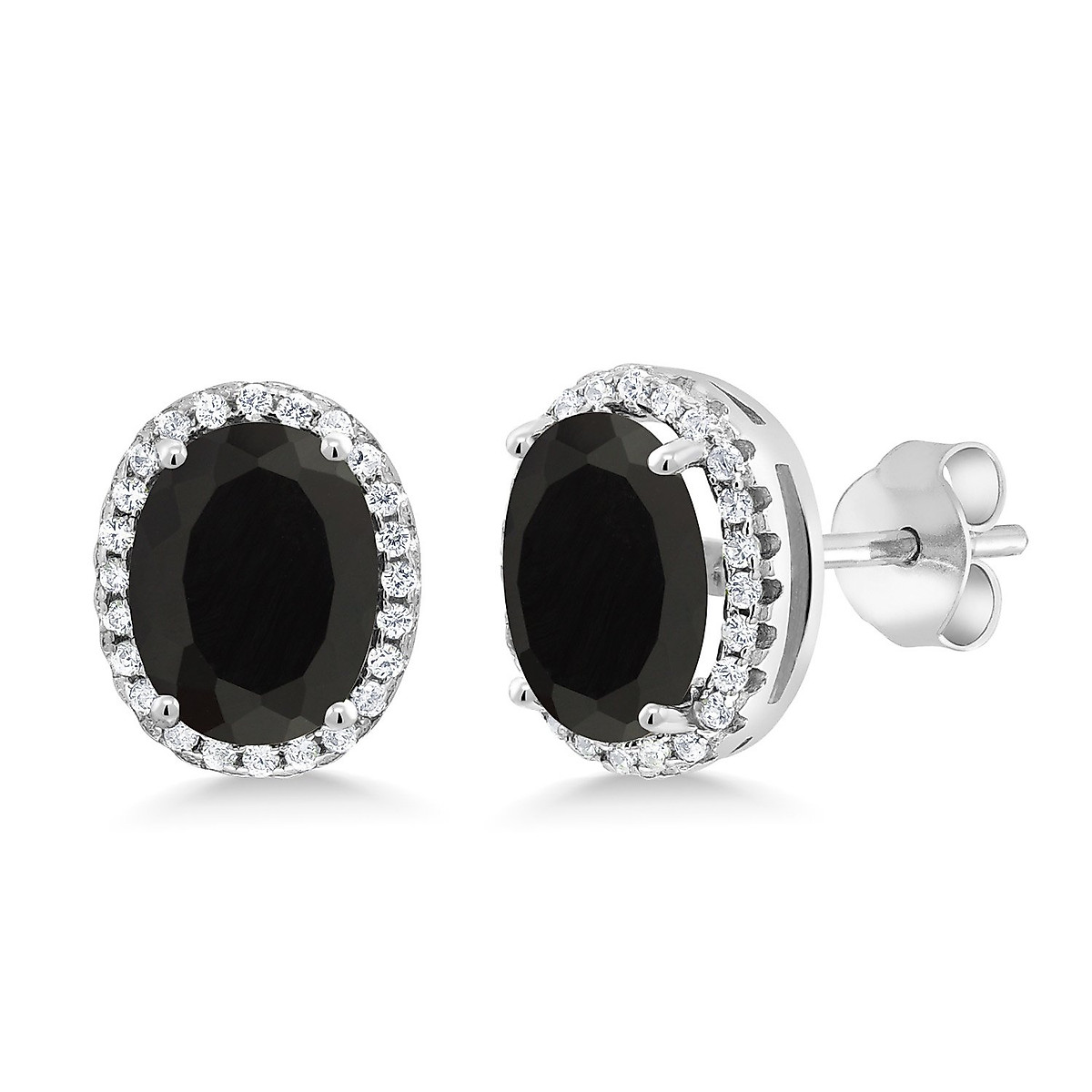 Gem Stone King 925 Sterling Silver Black Onyx Halo Earrings For Women (4.48 Cttw, Gemstone Birthstone, Oval 9X7MM)