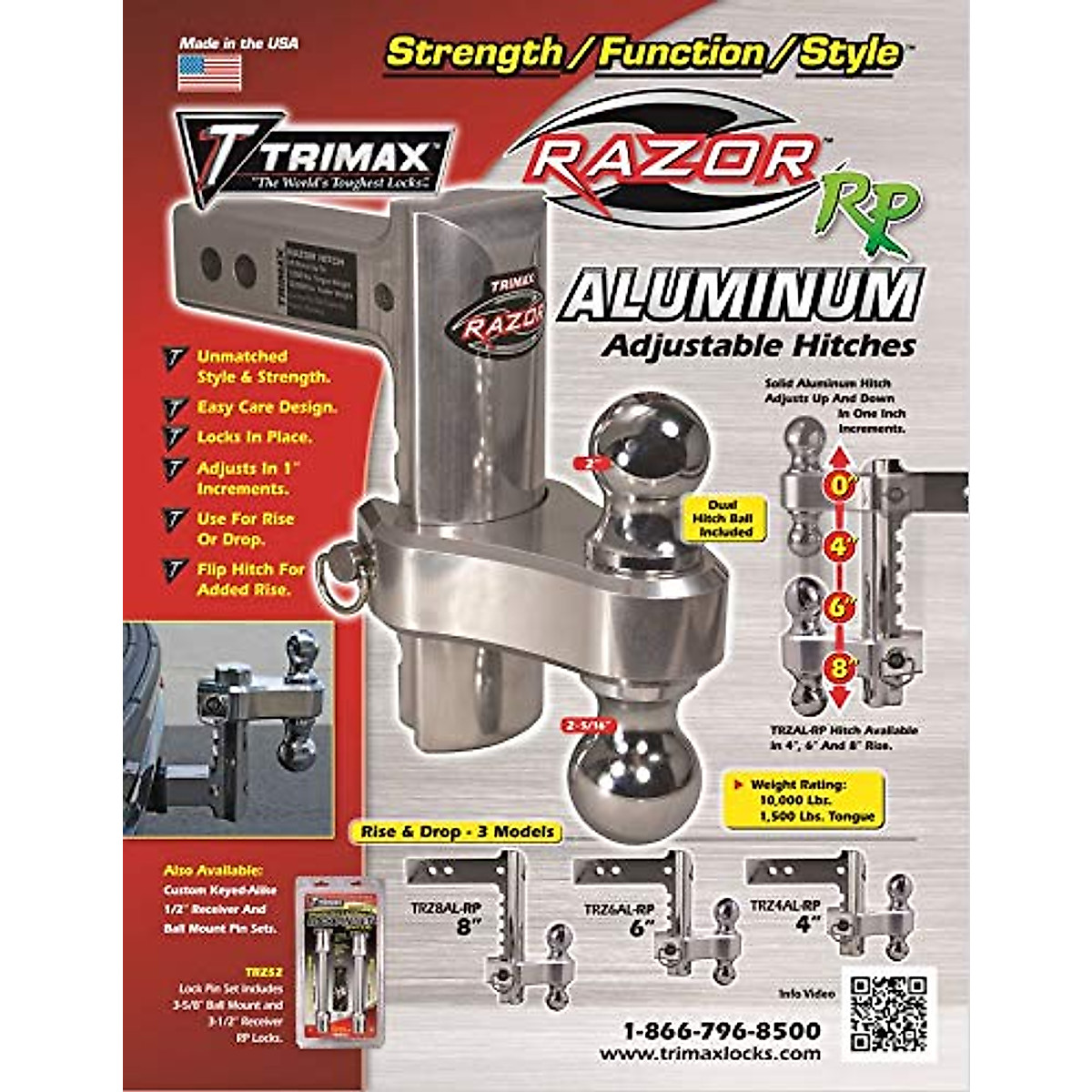 Trimax TRZ4ALRP 4" Aluminum Adjustable Hitch with Dual Hitch Ball and Receiver Adjustment Pin, Silver