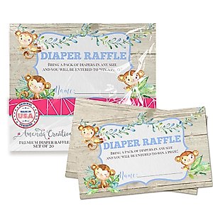 Amanda Creation Watercolor Jungle Monkeys Diaper Raffle Tickets for Baby Boy Showers, 20 2" X 3” Double Sided Insert Cards for Games, Bring a Pack of Diapers to Win Favors & Prizes!