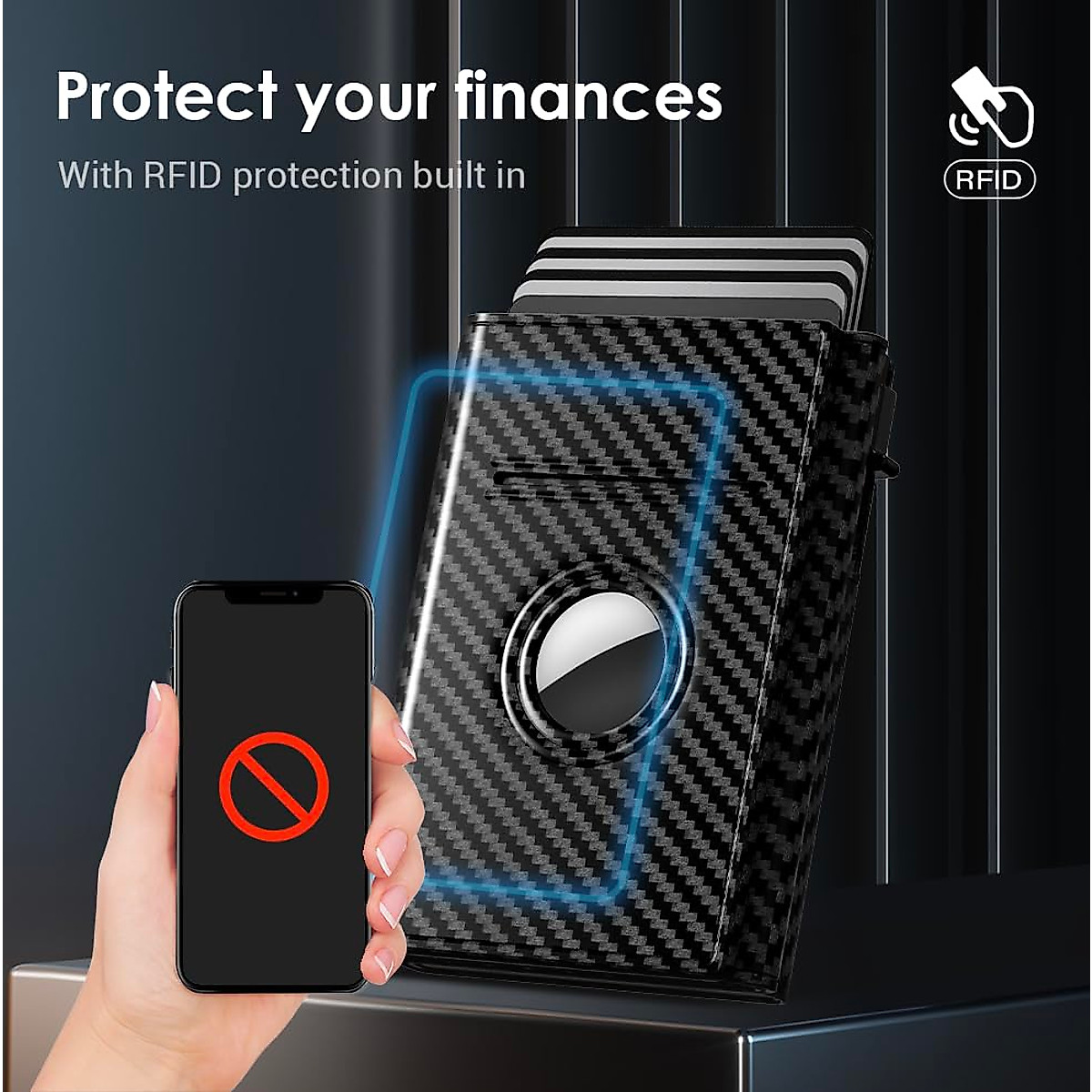 Trifold Wallet for Men with AirTag Holder, Smart Mens Wallet, Pop-Up Card Holder, Cash Slot, Carbon Fiber Case, RFID Blocking, Minimalist Slim Leather Groove Wallet, ID Window, with Gift Box