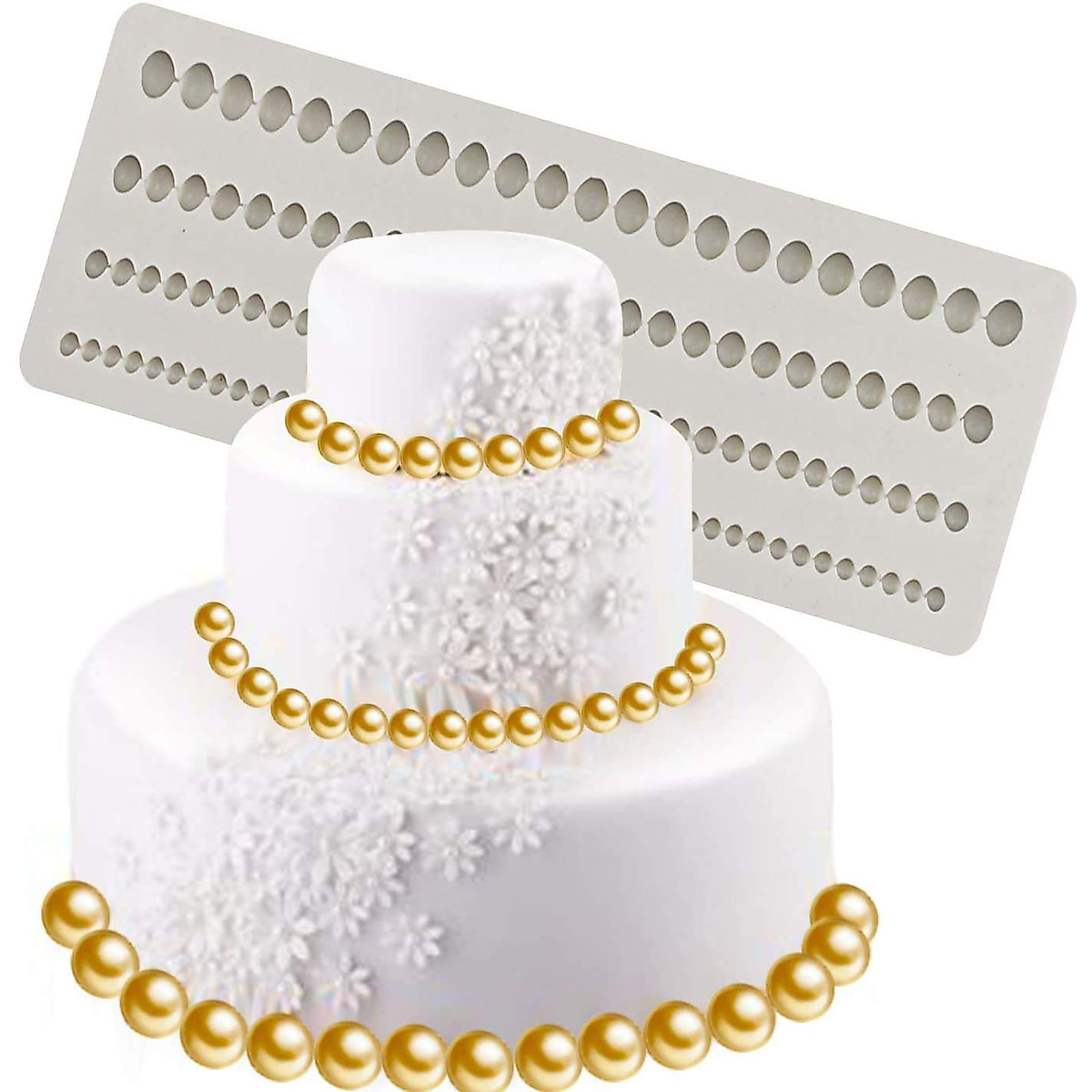 Pearl Fondant Molds Gum Paste Molds 4 Size Round Pearl Chain Silicone Mold for Cupcake Toppers Fondant Candy Chocolate Cake Decoration