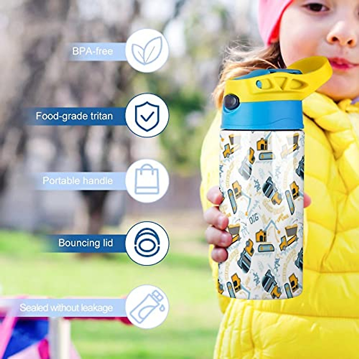 Construction Vehicles Pattern Water Bottle Stainless Steel Water Cup Coffee Mug with Straw for Home Sports Travel Blue-Style