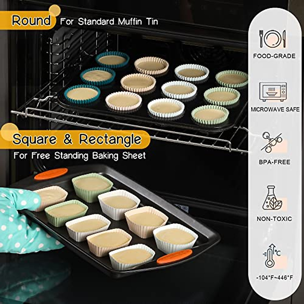 48 Pack Silicone Cupcake Liners, 3 Shapes of Standard Round & Square & Rectangle - Reusable Non-Stick Muffin Cups for Baking, Multicolor Bento Lunch Box Dividers - Non-Toxic, BPA Free, Dishwasher Safe