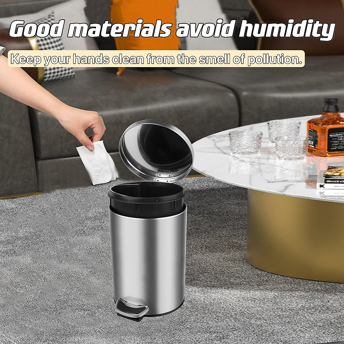 8 L /2.1 Gallon Round Trash Can with Step Pedal, Kitchen Trash Bin with Lid Dual Removable Liners Stainless Steel Garbage Can for Office Bathroom (Silver)