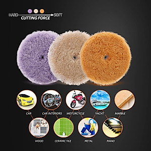 SPTA Wool Buffing Polishing Pads, 3Pcs 5" (125mm) Coarse Medium Cutting Car Wool Polishing Pads, Premium 100% Wool Cutting Pad with Hook and Loop for Car Polisher Car Polishing and Buffing -WPMIXS5