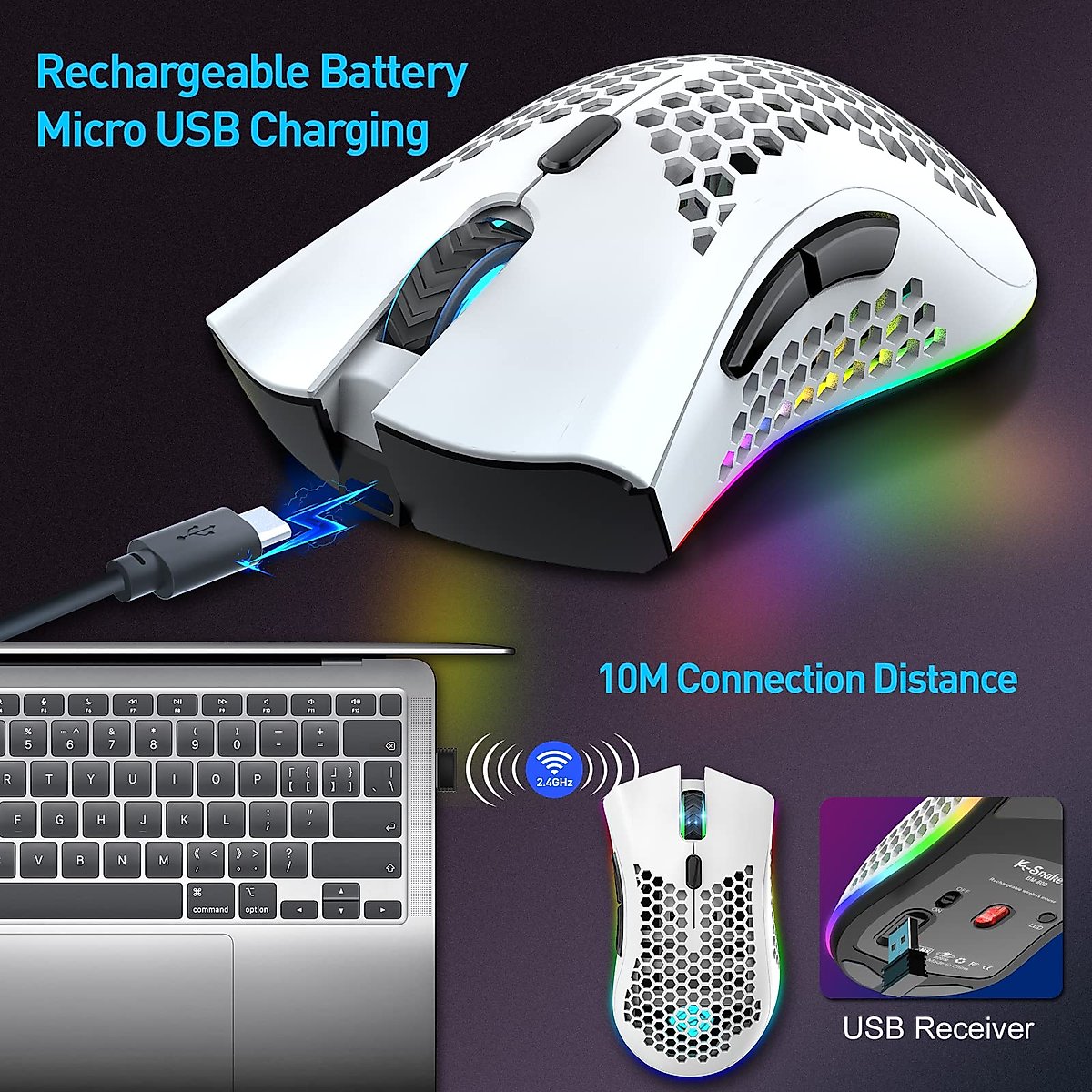 HETOETF Wireless Gaming Mouse Lightweight Honeycomb Design, Rechargeable RGB Backlight Computer Mouse with USB Receiver,Adjustable DPI,2.4GHz Wireless Mouse for PC/Mac/Laptop