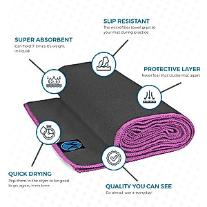 Youphoria Yoga Microfiber Towel Non-Slip Yoga Mat Towel - Hot Yoga Towel for Sweat & Grip... (Gray Towel/Pink Stitching)