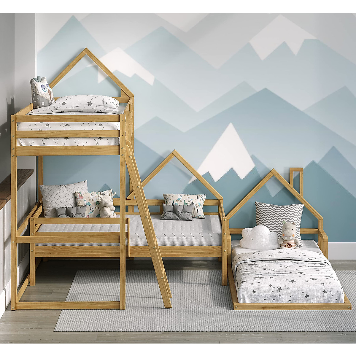 P'Kolino Casita Loft/Bunk Bed, Single Bed, Floor Bed Bundle - Solid FSC Certified Wood - Natural Wood