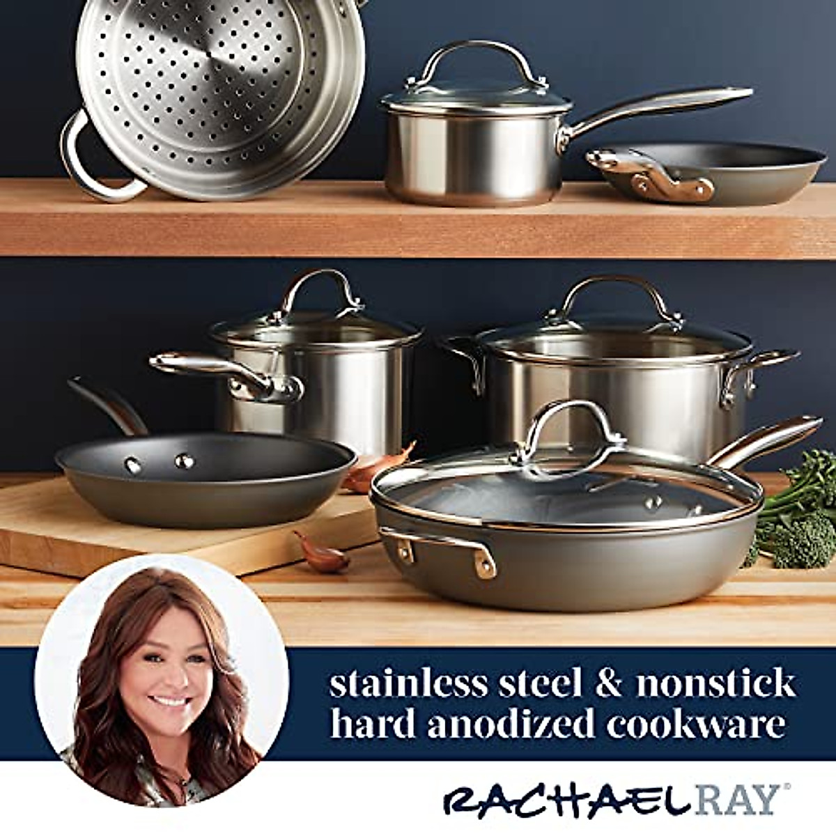 Rachael Ray Professional Stainless Steel/Hard Anodized Nonstick Cookware Pots and Pans Set, 11 Piece, Gray and Silver
