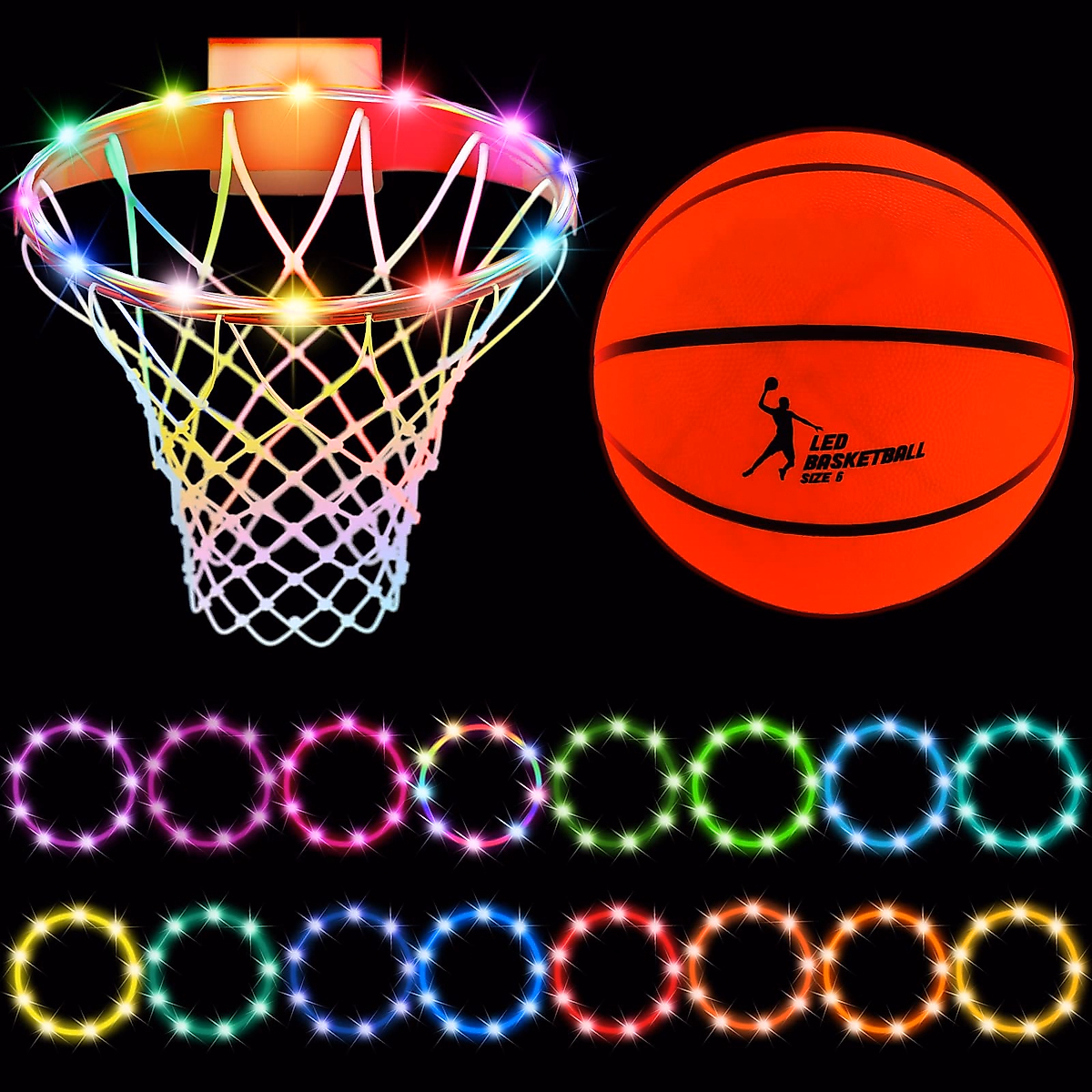 2 Pcs Light Basketball Glow in the Dark Basketball LED Basketball Hoop Lights Remote Control Basketball Rim Lights Waterproof Rim Lights 17 Colors 7 Lighting Modes for Boys Gift Age 12(Number 6)