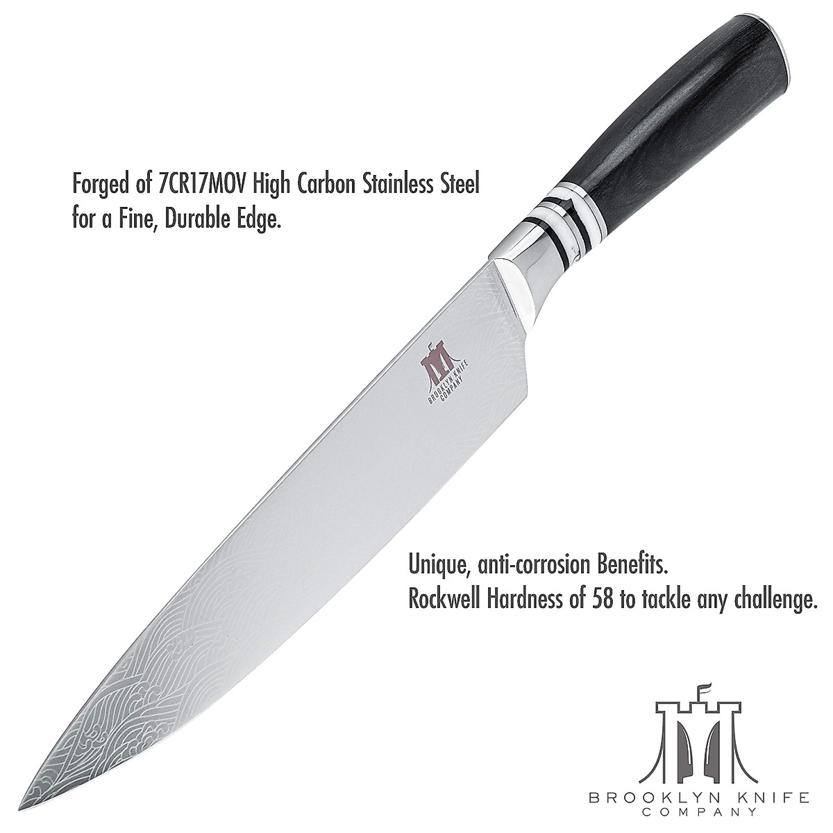 Brooklyn Knife Co. Chef Knife - Japanese Seigaiha Series - Etched High Carbon Steel 8-Inch