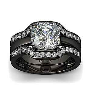 Jeulia 3.7ct Diamond Band 3PC Cushion Cut Sterling Silver Ring Set Bridal Halo Wedding Promise Ring Classic Dainty Brilliant Anniversary Engagement Art Deco Jewelry with Gift Box (Black, 7)