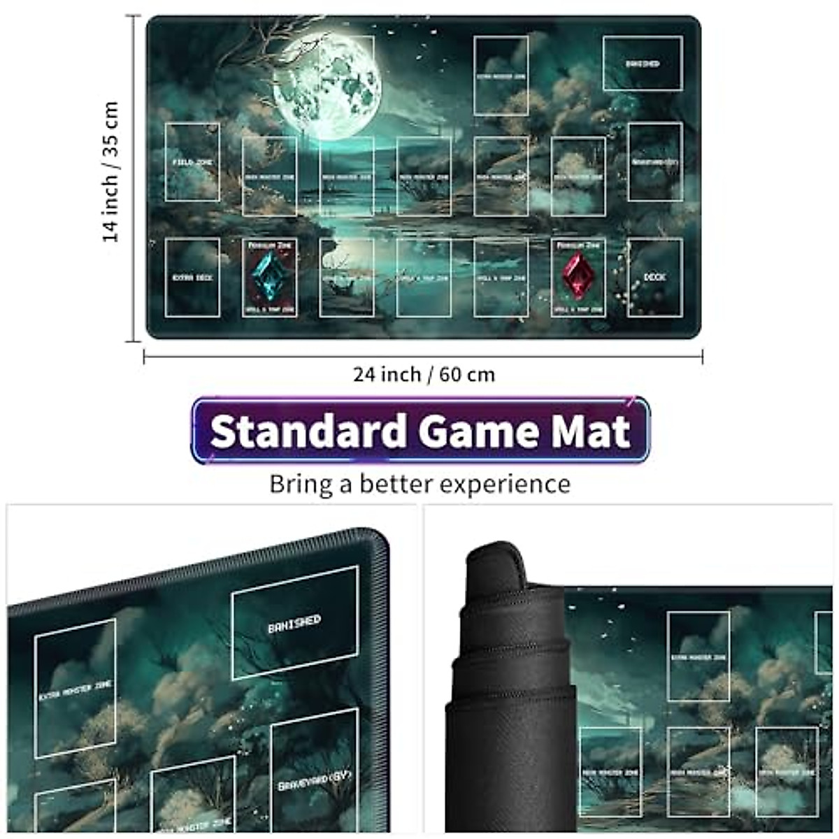 Playmat for OCG, Game Play Mat for TCG CCG 24 x 14 inch with Non-Slip Rubber Base and Stitched for Board Games and Table Magic, Moon and River at Night