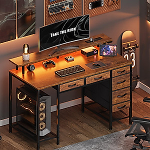 Huuger Computer Desk with Power Outlets and LED Lights, 47 Inch Gaming Desk with 6 Drawers, Office Desk with Monitor Stand, Writing Desk Work Desk, Mesh Shelves, Rustic Brown