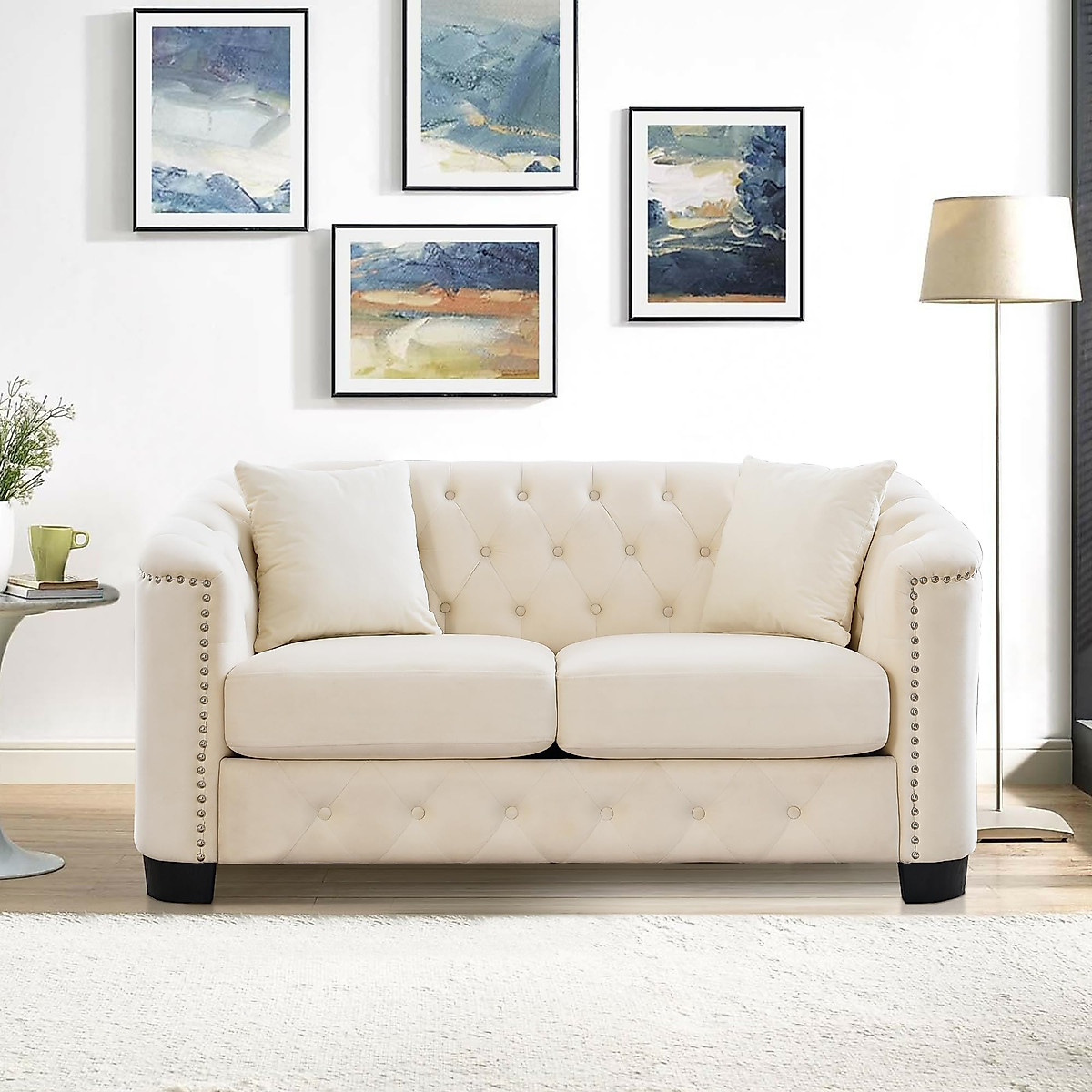 BUIORD 59" Modern Velvet Loveseat Chesterfield Sofa for Living Room,2-Seater Sofa,Upholstered Tufted Backrests with Nailhead Arms and 2 Cushions for Bedroom-Beige