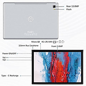 qunyiCO Android Tablet 10 inch Tablets Y20 (10.1'') Android 10.0 Tablet, 4G Dual SIM, 4GB RAM 64GB ROM, 8000mAh, 1280x800 IPS, 5MP+13MP Dual Camera, 5G / 2.4G Dual WiFi, Type C/OTG/GPS