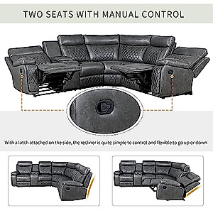 Eafurn Grain Leather Upholstery Manual Reclining Sectional Storage Console and Cup Holders,Symmetrical Motion Sofa & Corner Couch Living Room Furniture Set Home Theater Seating Movie Chair, Gray