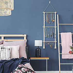 Grathia Hanging Jewelry Organizer Macrame Necklace Holder with 30 Hooks, Wall Mounted Necklace Rack, Necklace Hanger with Tassel for Necklaces Bracelet Earrings (Beige)