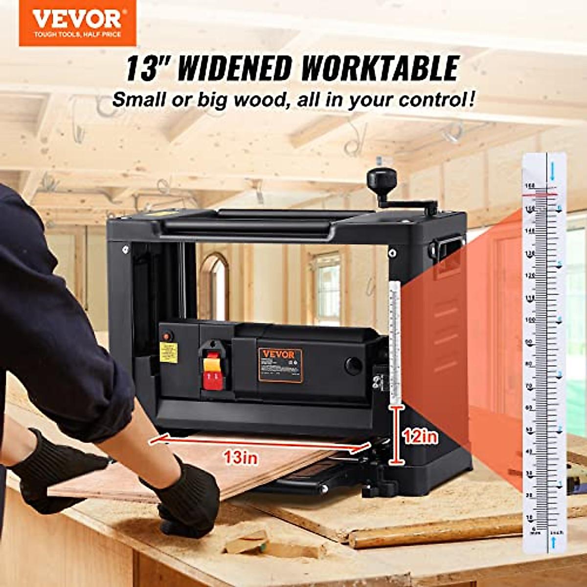 VEVOR Thickness Planer, Two-Blade, 13" Width Worktable Benchtop Planer, 15-Amp 1800W Powerful Motor, 12" Extended Infeeding Table, Low Noise for both hard & soft wood material removal