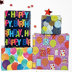 JUSTASHOW Birthday Wrapping Paper, 4 Rolls Happy Birthday Gift Wrap Papers, 17x118 Inches Per Roll Gift Wrapping Paper for Holiday, Party, Baby Shower