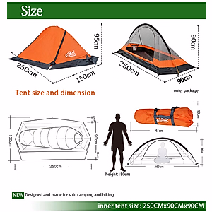 camppal 1 Person Tent Backpacking Camping Hiking Mountain Hunting Tent Lightweight and Waterproof for 4 Season Extreme Space Saving Single Bracket (Orange-with skirt)