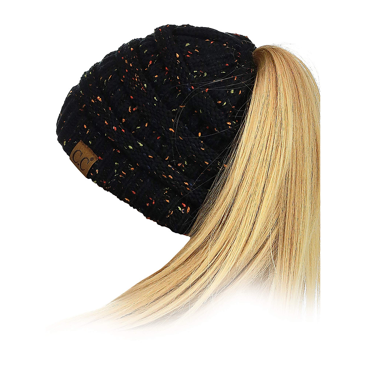 C.C BeanieTail Soft Stretch Cable Knit Messy High Bun Ponytail Beanie Hat, Confetti Black