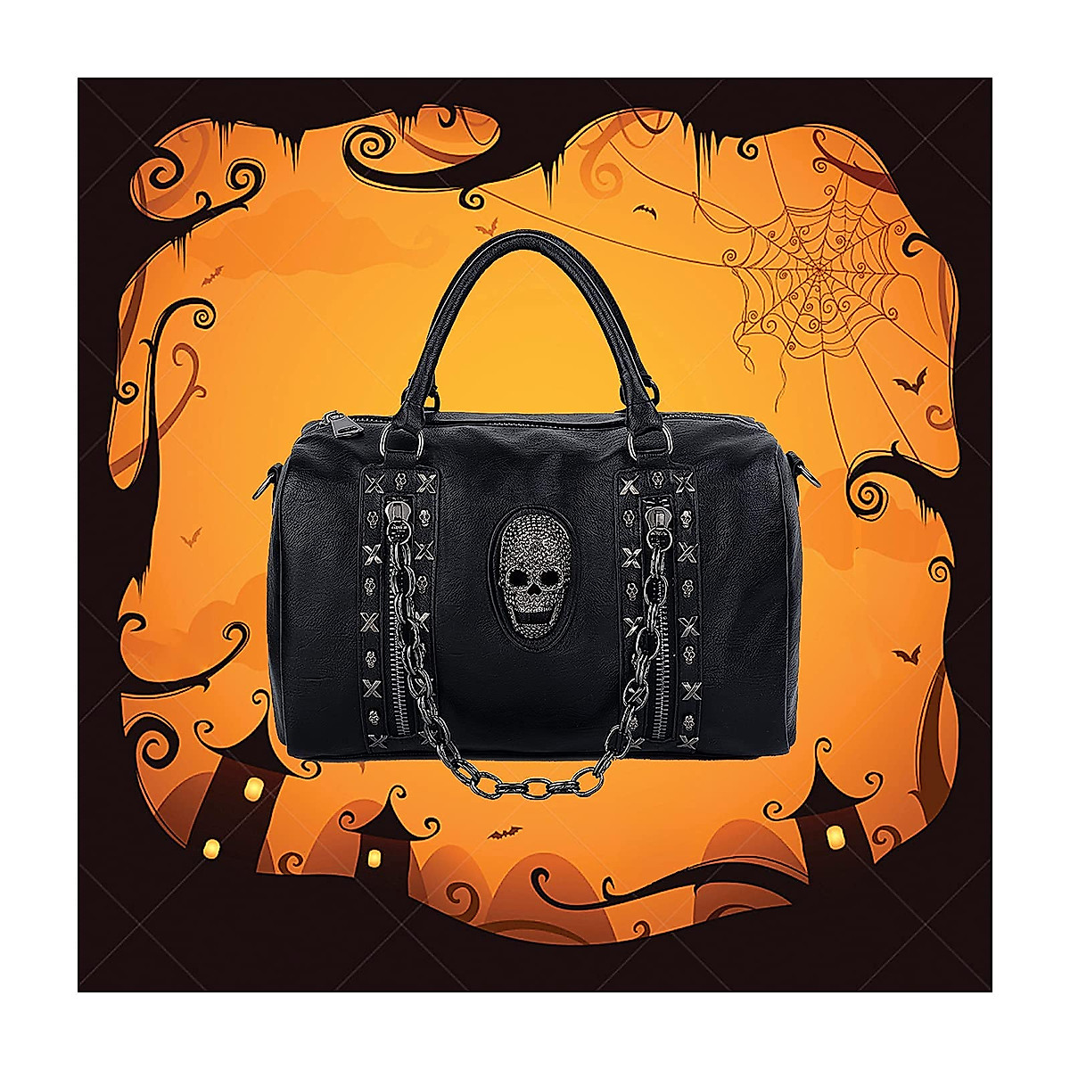 UTO Women Skull Tote Bag Rivet Studded Metal Chain Handbag PU Leather Purse Shoulder Bags 513A
