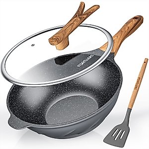 ITSMILLERS Nonstick Wok and Stir Fry Pan with Whirlwind Design 12.5 inch Die-cast Aluminum Scratch Resistant Healthy Wok with Free-standing Lid