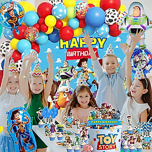 269Pcs Birthday Party Supplies, Cartoon Birthday Party Decorations for Serves 10 Guests, Include Backdrop, Cake & Cupcake Toppers, Latex Balloons, Tablecloth, Tableware, Foil Balloons and Stickers