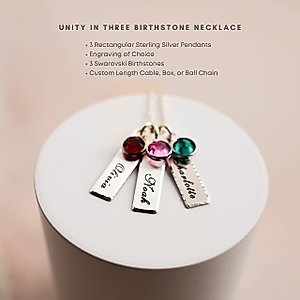 AJ's Collection Unity in Three Personalized Charm Necklace. Customize 3 Sterling Silver Rectangular Pendants with Names of Your Choice. Gifts for Her