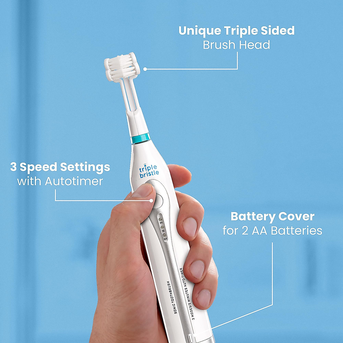 Triple Bristle GO | Portable Battery Sonic Travel Toothbrush | Three Cleaning Modes | Soft Nylon Bristles | Also for Autistic Special Needs Adults and Kids | Oral Care Kit