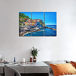 3 Pieces Modern Canvas Painting Wall Art The Picture for Home Decoration Cityscape Traditional Port Mediterranean Sea Cinque Terre Italy Coast Landscape Print On Canvas Giclee Artwork for Wall Decor
