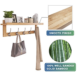 SMIBUY Coat Hooks with Shelf Wall-Mounted, 29.2 Inch Entryway Coat Rack for Wall, Bamboo Hanging Shelf with 5 Double Metal Hooks for Bathroom, Bedroom, Kitchen, Living Room, Mudroom (Natural)