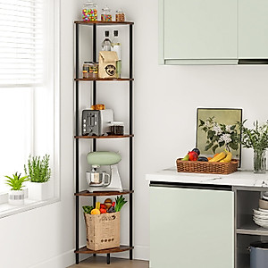 Yoobure Corner Shelf Stand, 5-Tier Corner Bookshelf, Tall Corner Shelves for Bedroom, Living Room, Narrow Display Shelf Corner Bookcase, 65" Rustic Corner Book Shelf with Display Shelves for Office