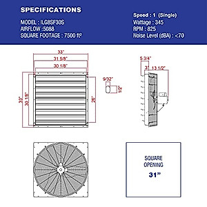 iLiving - 30" Wall Mounted Shutter Exhaust Fan - Automatic Shutter - Single Speed - Vent Fan For Home Attic, Shed, or Garage Ventilation, 5088 CFM, 7500 SQF Coverage Area, Silver (ILG8SF30S)