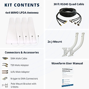 Waveform 4x4 MIMO Log Periodic Cellular SMA, U.FL and TS9 Antenna Kit for 4G & 5G Modems, Routers, and Gateways | T-Mobile, Verizon, AT&T Home Internet | Kit w/ 30ft RS240 Cable