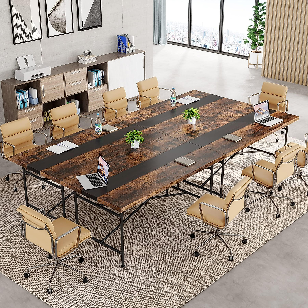 Tribesigns 63 Inch Conference Table, 6 Person Rectangular Conference Table, Meeting Table Seminar Boardroom Table with Strong Metal Frame for Office Conference Room (Rustic Brown & Black)