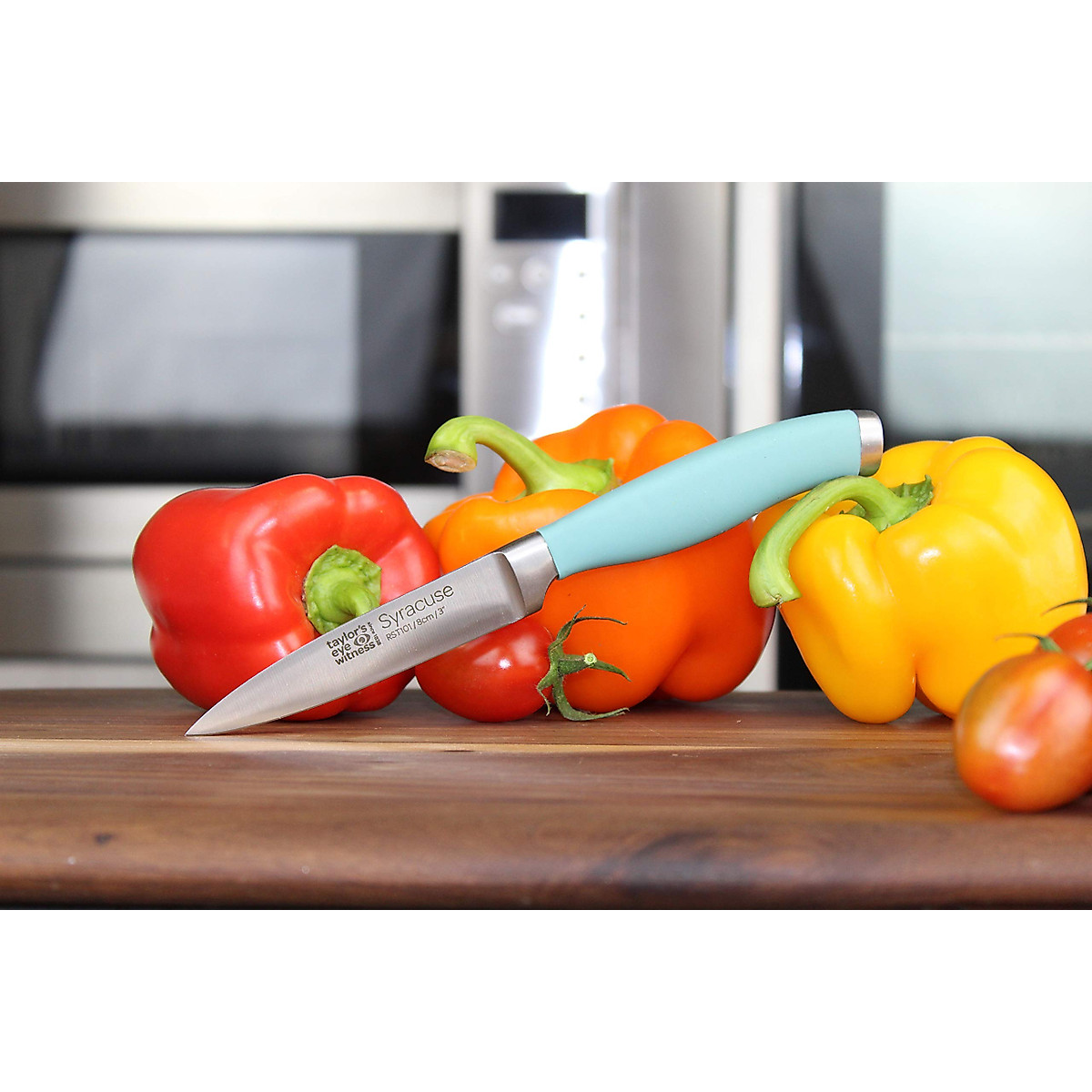 Taylors Eye Witness Syracuse Kitchen Knife 3pce Set - Paring 8cm/3.5”, Chefs 15cm/6” & Cooks All Purpose 13cm/5” Cutting Edge. Ultra Fine, Razor Sharp Blade. Soft Textured Grip Aqua Blue Handle