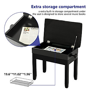 Iwell Piano Bench, Adjustable Piano Bench with Padded Cushion and Storage Compartment for Music Sheet, Music Bench, Piano Stool, Vanity Chair, Black