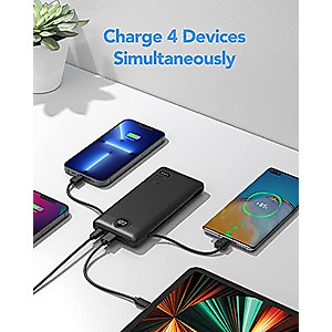 Portable Charger with Built-In Cables and AC Wall Plug,VRURC 10000mAh Phone Charger,5 Output & 2 Input LED Display External Battery Pack,Ultra Slim USB C Power Bank Compatible with Smart Devices-Black