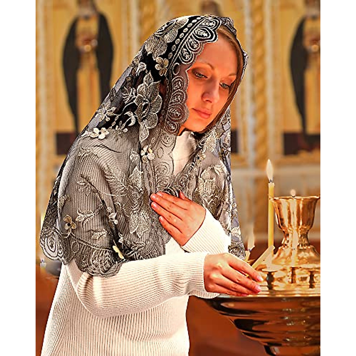 Bozidol Catholic Chapel Mantilla Veil Spanish Lace Head Covering Church Mass Veil for Religious Christian (Black-Gold)