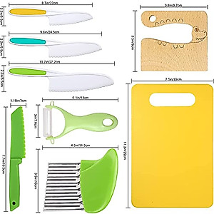 Leking 8 Pcs Wooden Kids Kitchen Knife, Plastic Kids Knife Set Include Wood Kids Safe Knife, Serrated Edges Plastic Toddler Knife, Plastic Potato Slicers, Sandwich Cutter, Y Peeler and Cutting Board