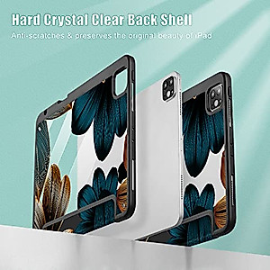 Lepeoac Designed for iPad Pro 12.9 Inch (2022/2021/2020/2018, 6th/5th/4th/3st Generation) with Transparent Shockproof Back Cover [Built-in Pencil Holder] Auto Sleep/Wake, Luxury Leaves